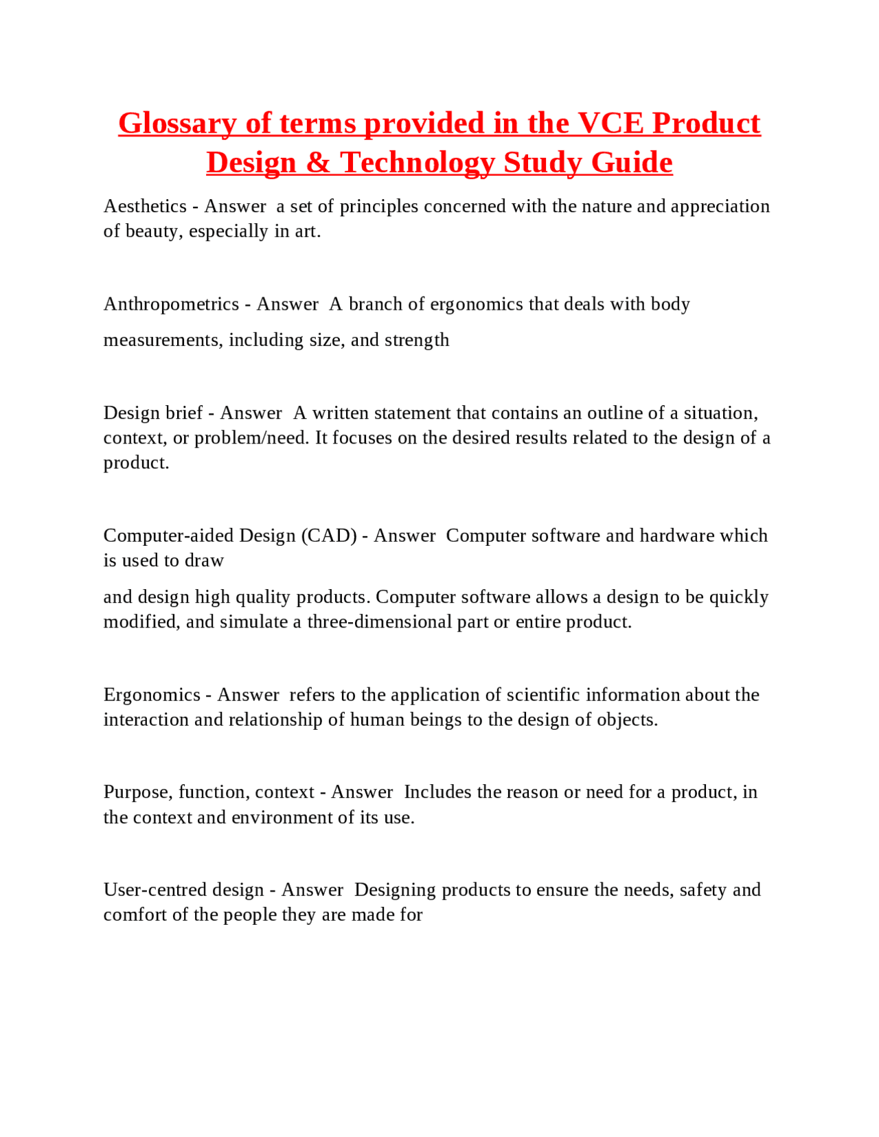 VCE Product Design & Technology Study Guide Glossary: Key Terms and ...