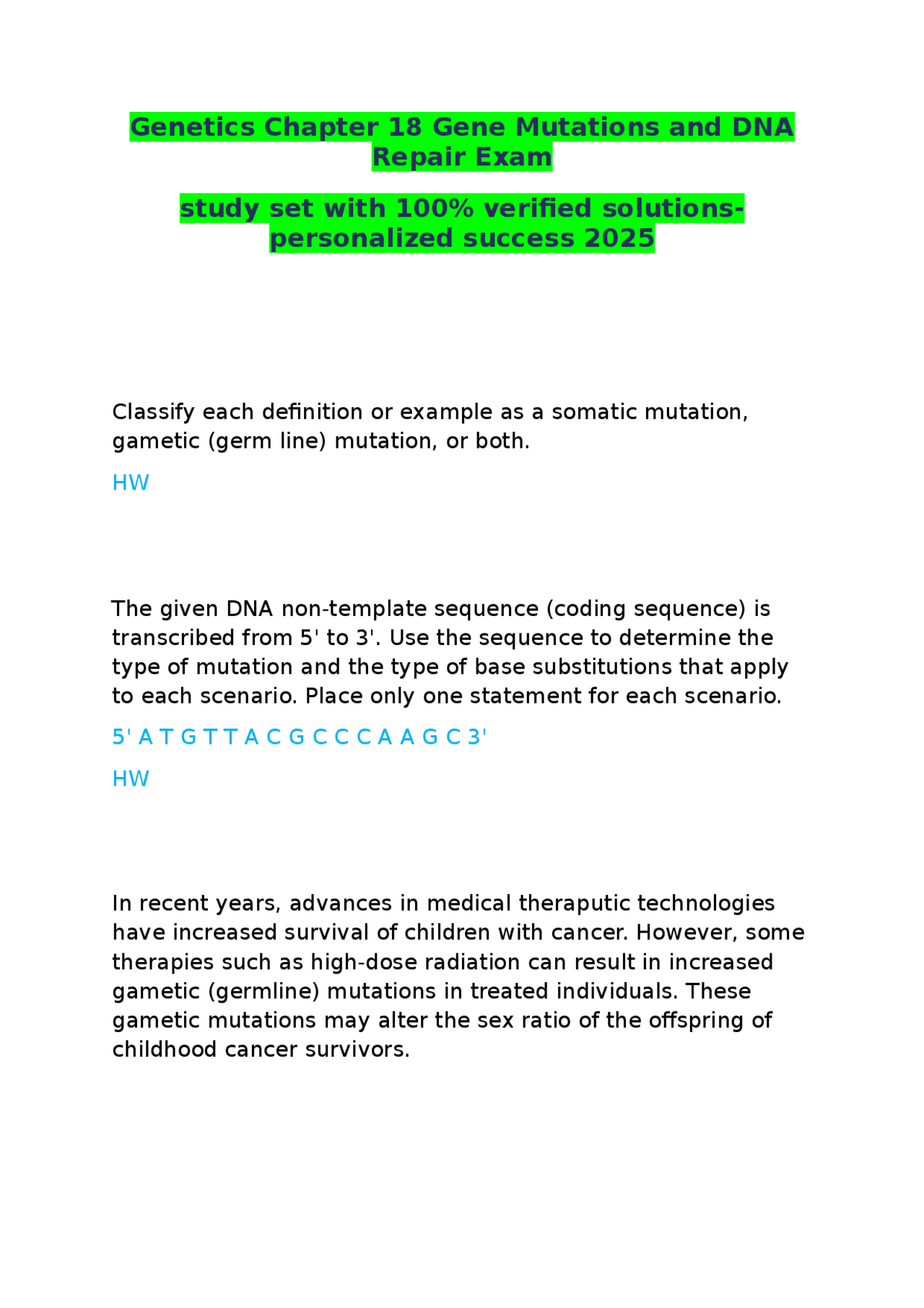Genetics Chapter 18 Gene Mutations and DNA Repair Exam study set with ...