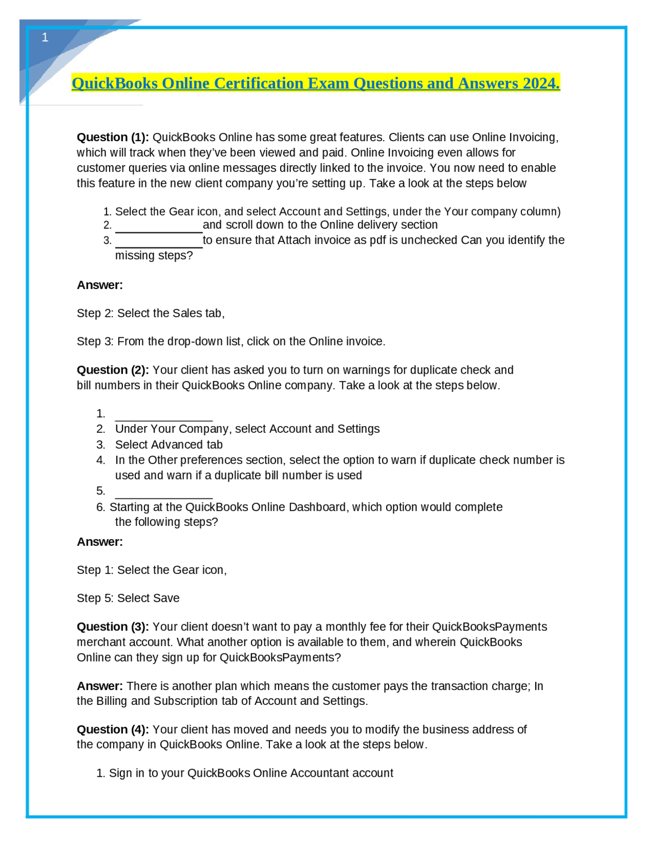 QuickBooks Online Certification Exam Questions and Answers 2024 | Exams ...