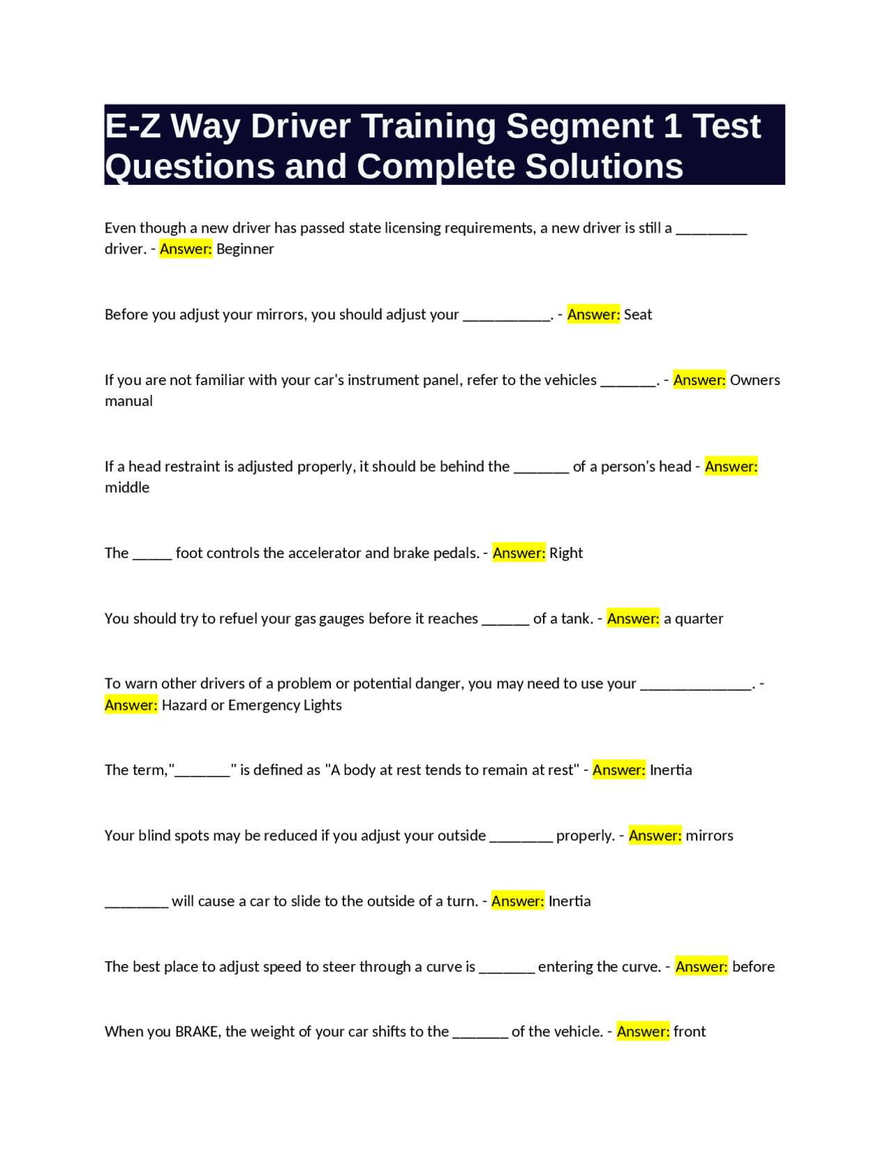 E-Z Way Driver Training Segment 1 Test: Questions and Complete ...
