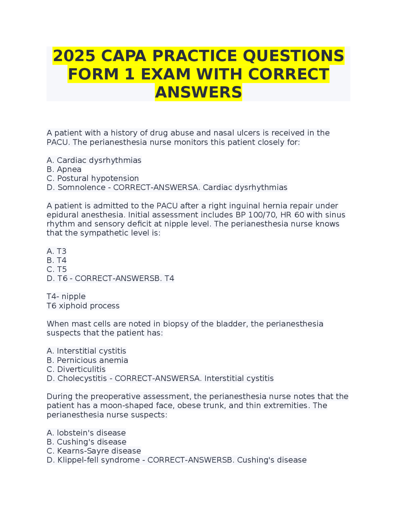 2025 CAPA Practice Questions: Perianesthesia Nursing Exam | Exams ...