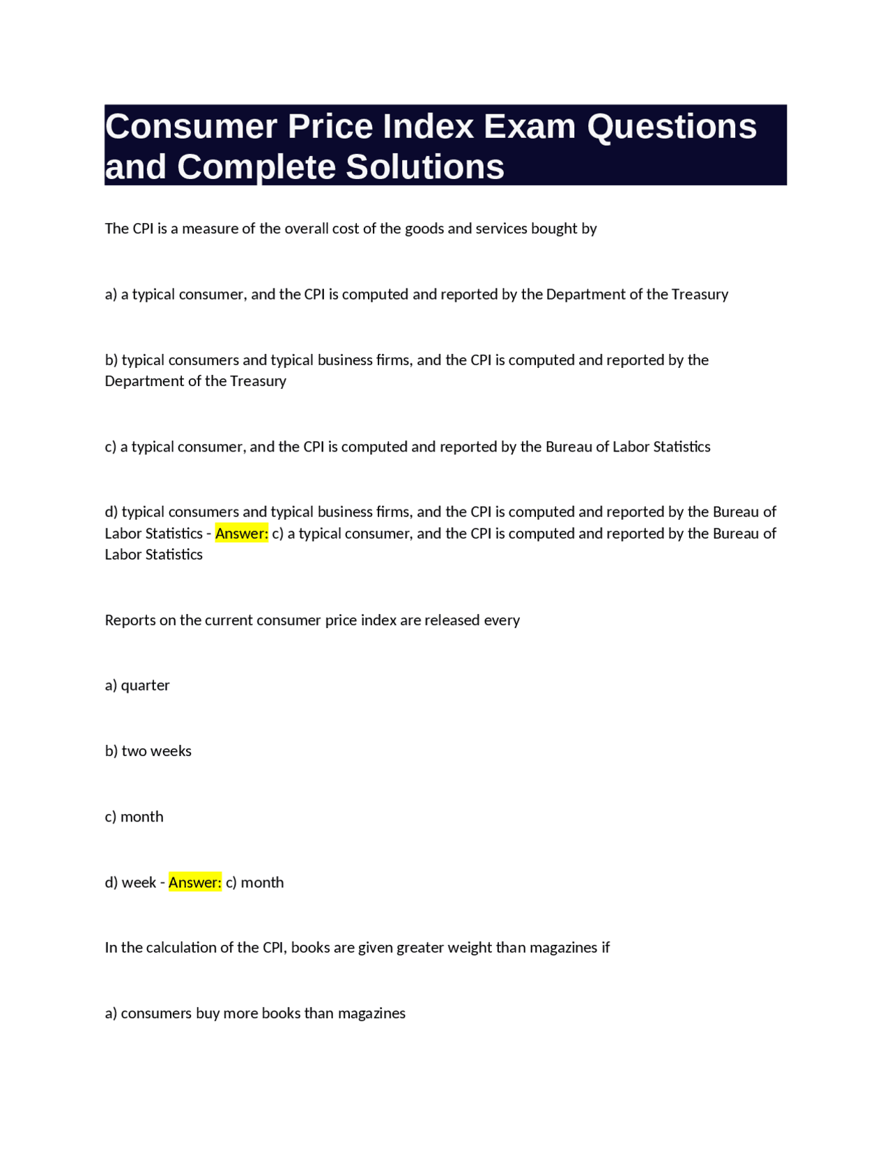 Consumer Price Index Exam Questions and Complete Solutions | Exams Law ...