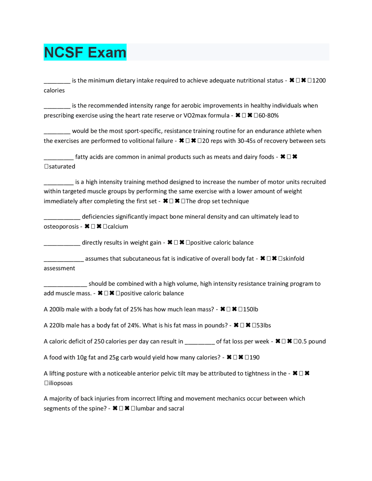 NCSF Exam: Exercise Science and Nutrition Questions and Answers | Exams ...