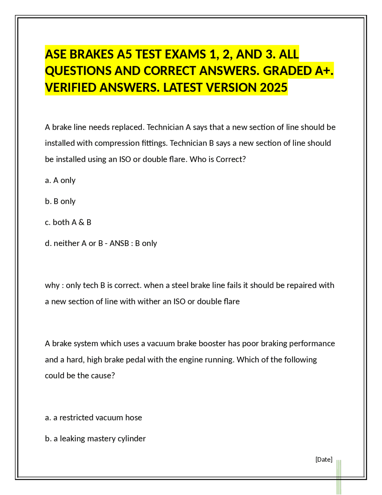 ASE Brakes A5 Test Exams: Questions and Answers | Exams Automobile ...