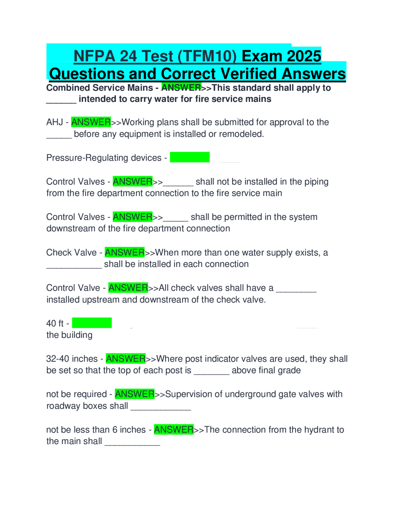 NFPA 24 Test (TFM10) Exam 2025: Questions and Answers | Exams Nursing ...