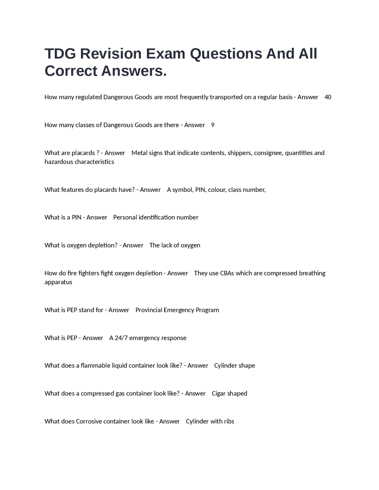 TDG Revision Exam Questions and Answers: Dangerous Goods Transportation ...