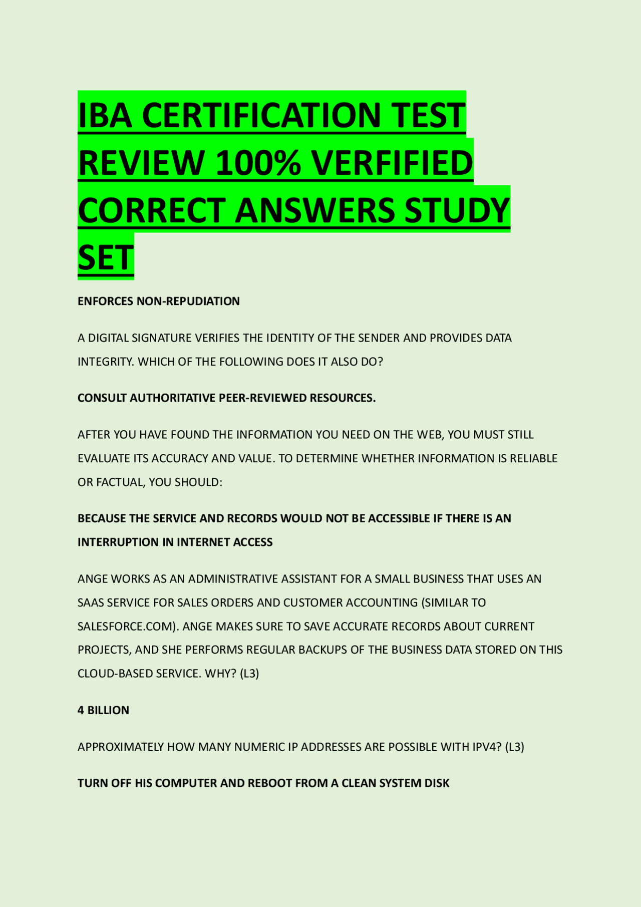 IBA CERTIFICATION TEST REVIEW 100% VERFIFIED CORRECT ANSWERS STUDY SET ...