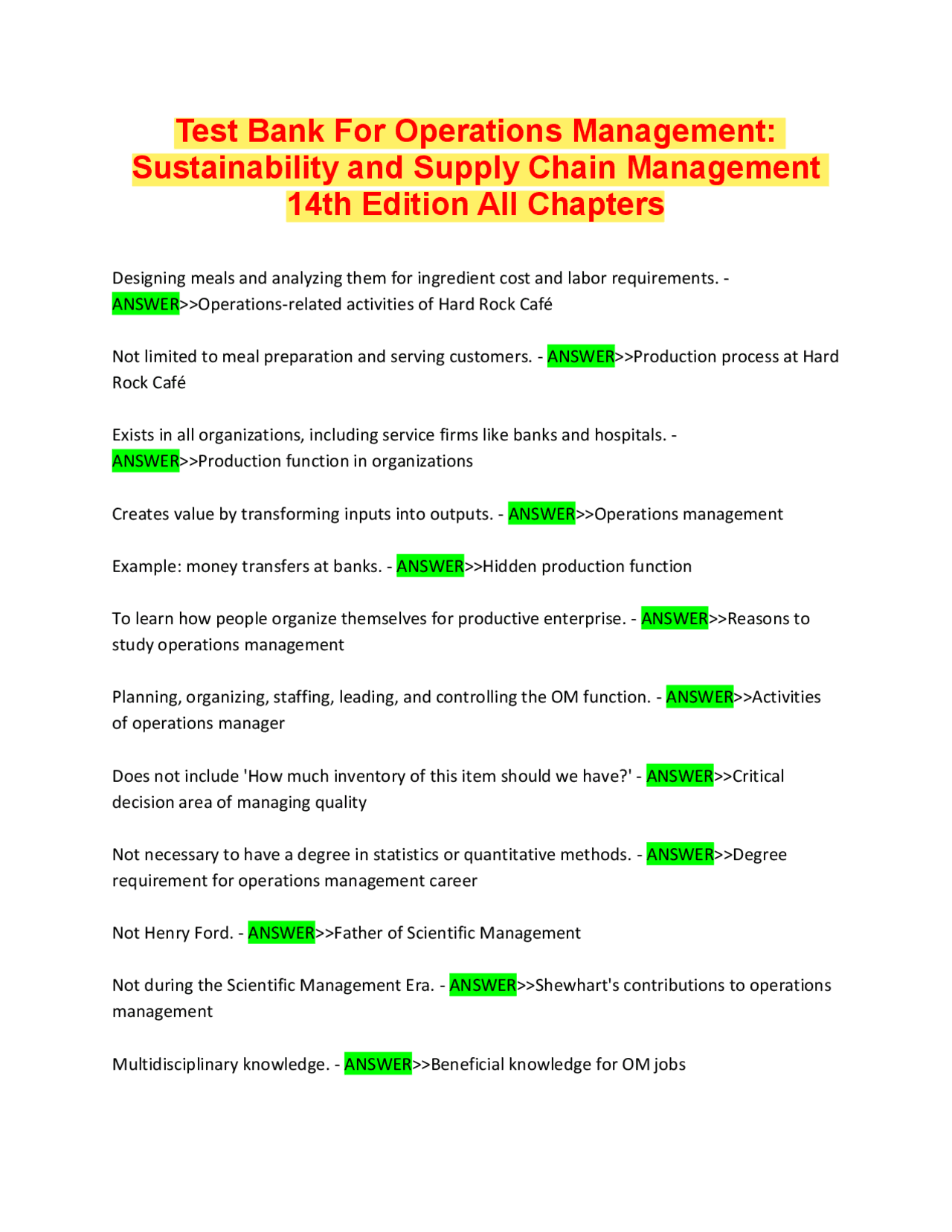 Test Bank For Operations Management: Sustainability and Supply Chain ...