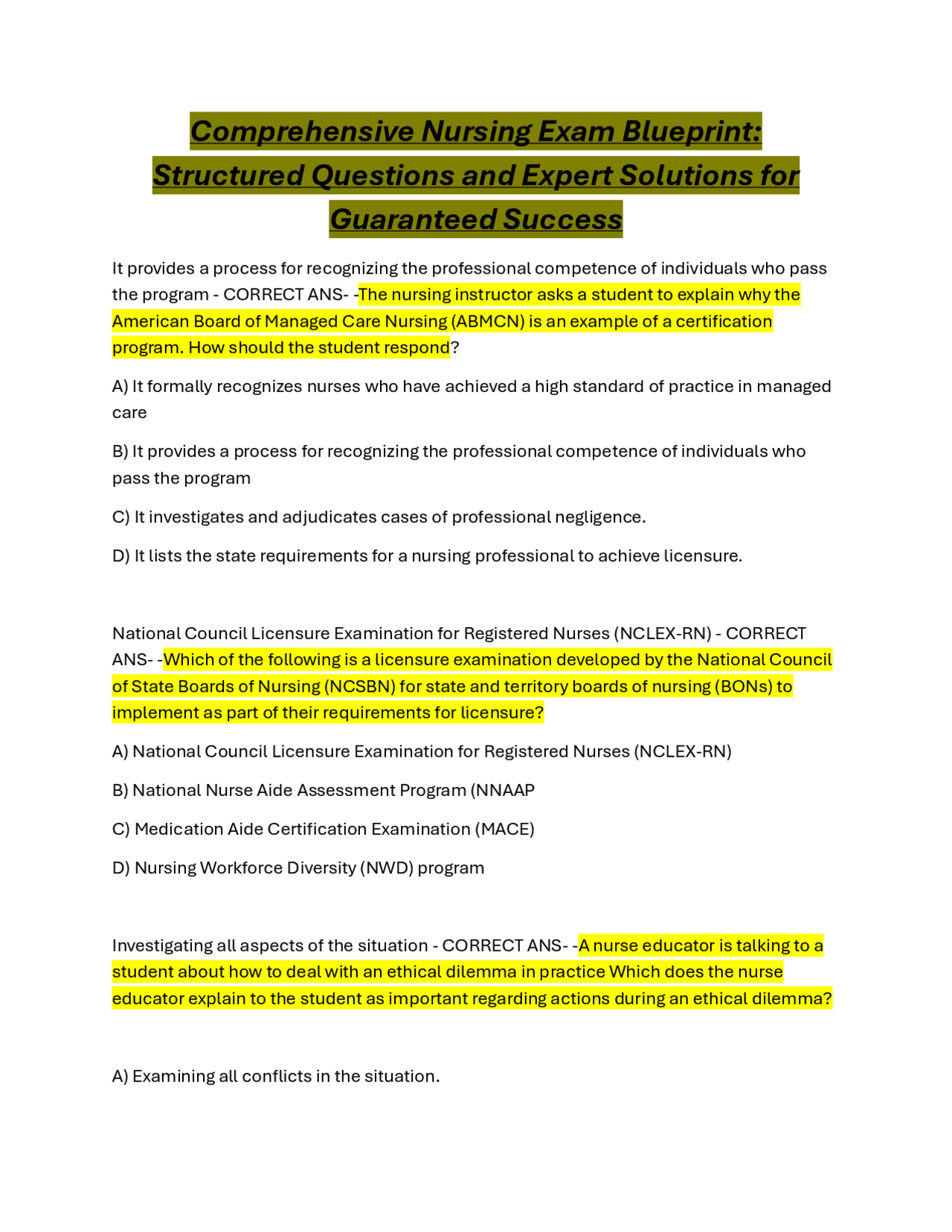 Nursing Exam Blueprint: Structured Questions & Expert Solutions | Exams ...