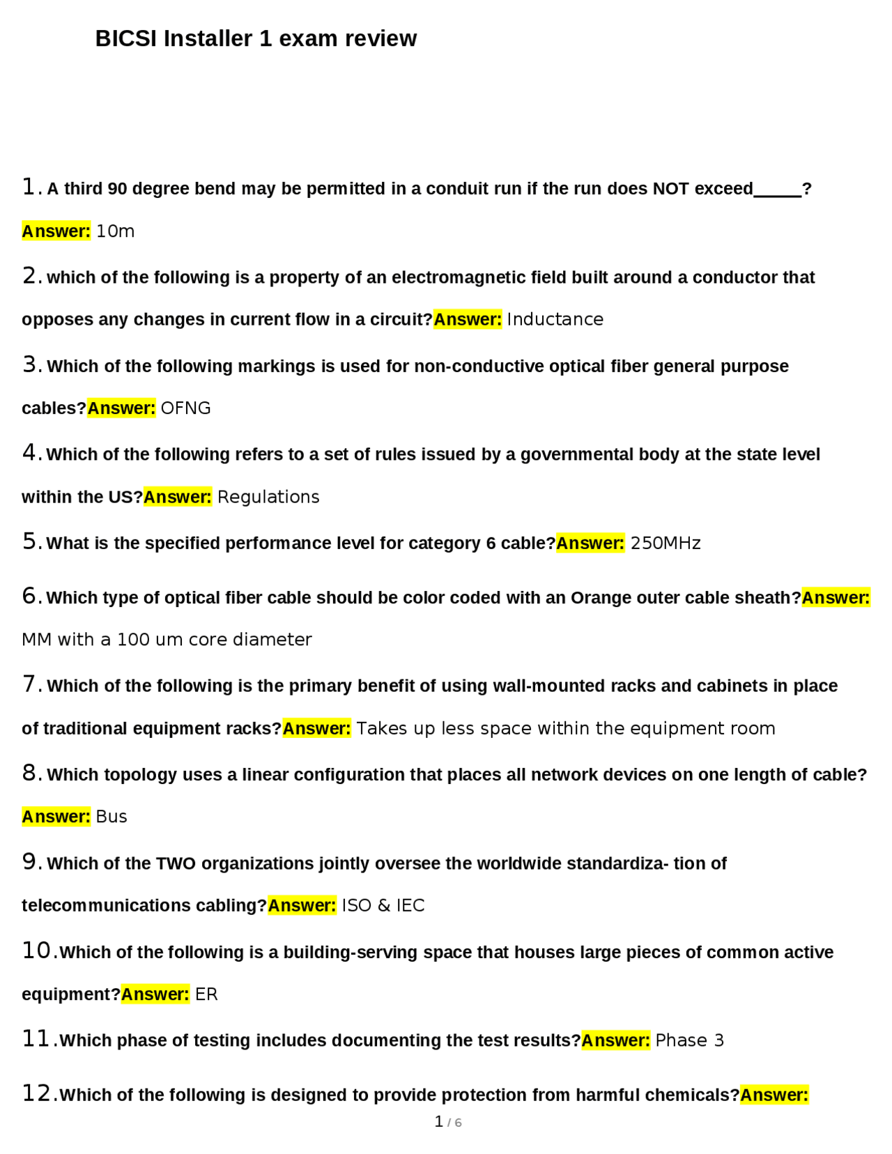 BICSI Installer 1 Exam Review: Multiple Choice Questions and Answers ...