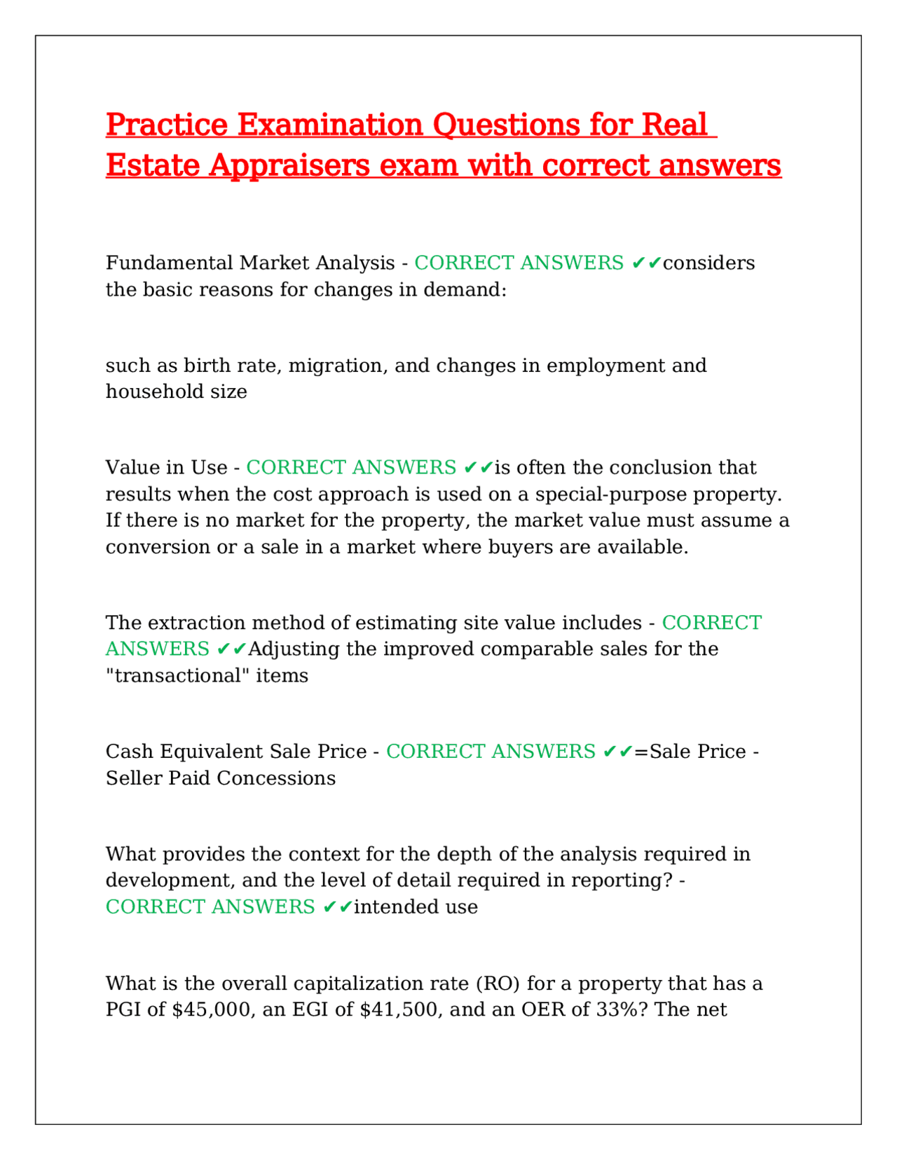 Practice Examination Questions for Real Estate Appraisers | Exams Sales ...
