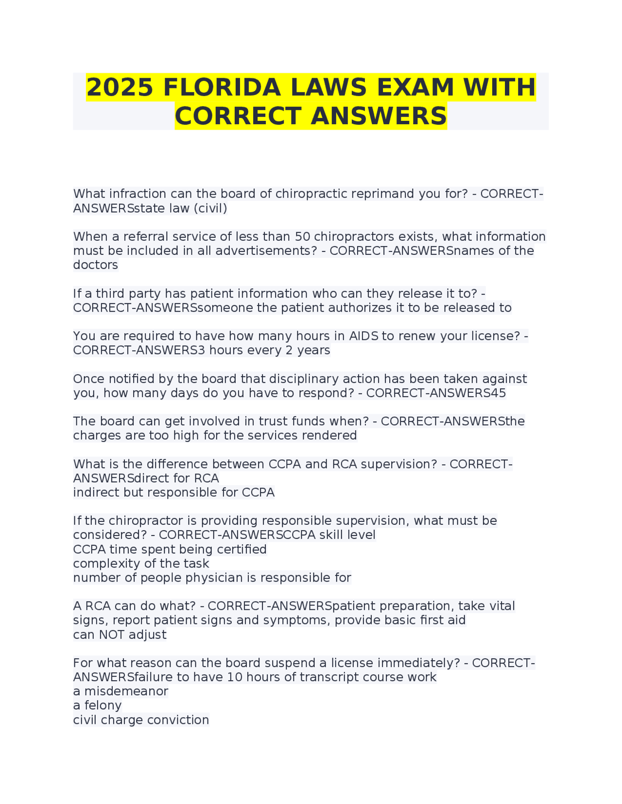2025 FLORIDA LAWS EXAM WITH CORRECT ANSWERS | Exams Advanced Education ...