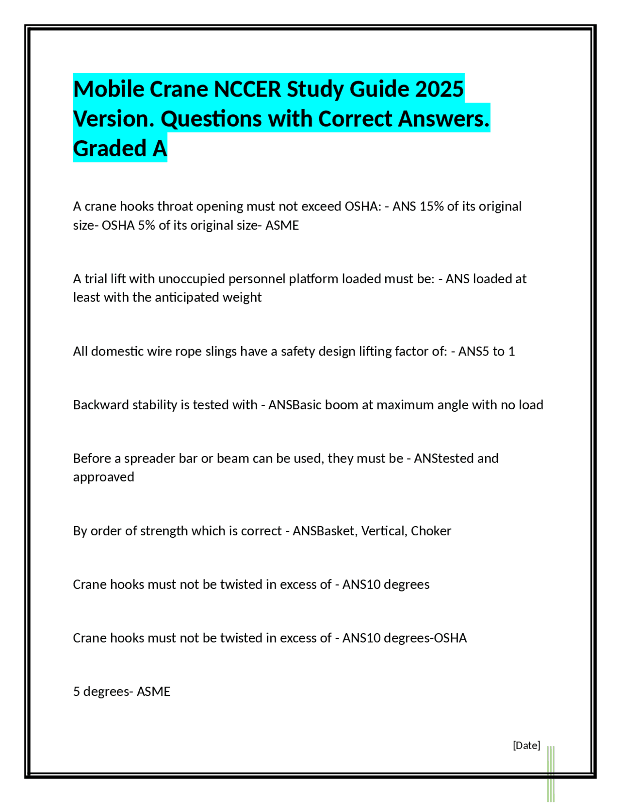 Mobile Crane NCCER Study Guide 2025 Version. Questions with Correct ...