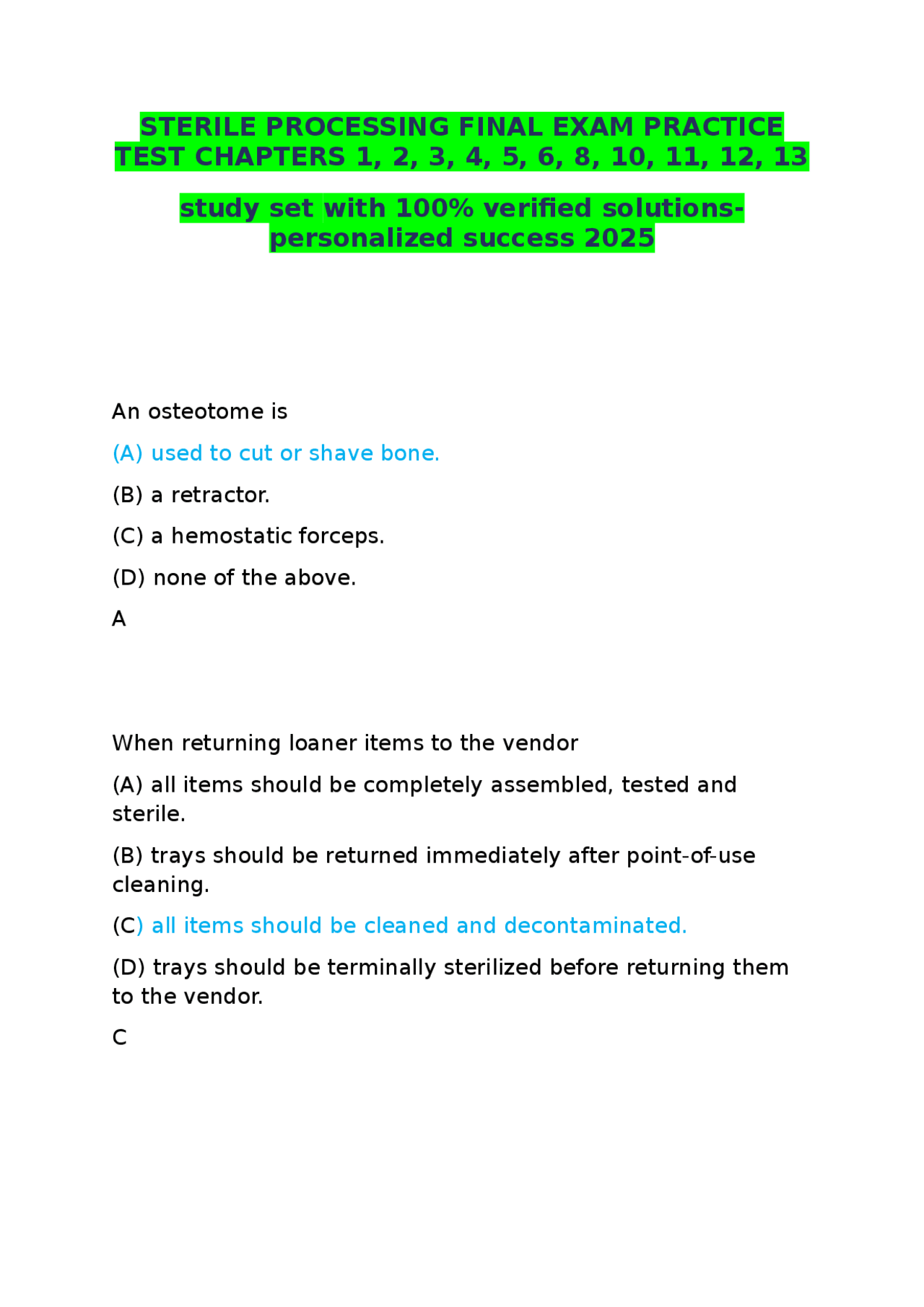 STERILE PROCESSING FINAL EXAM PRACTICE TEST CHAPTERS 1, 2, 3, 4, 5, 6 ...