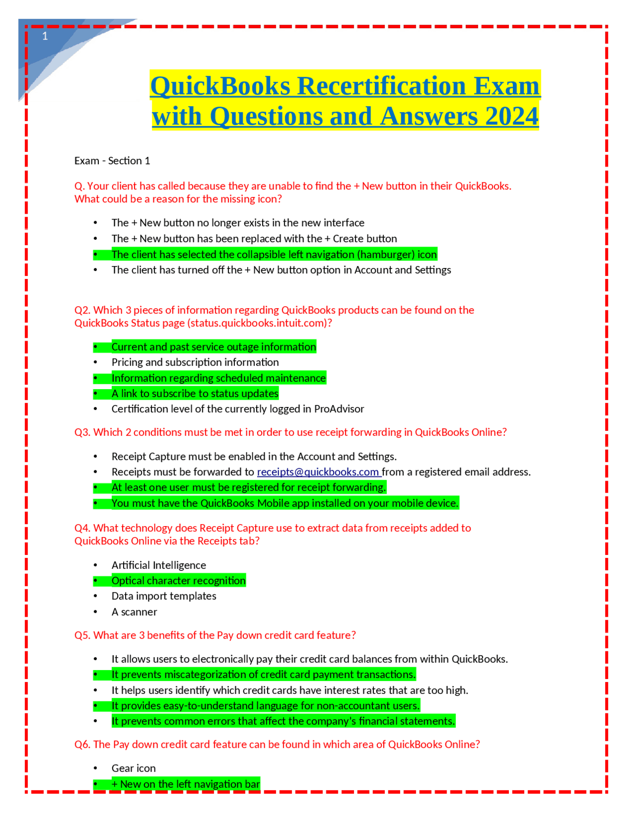 QuickBooks Recertification Exam with Questions and Answers 2024 | Exams ...