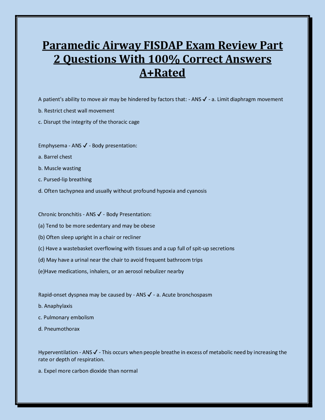 Paramedic Airway FISDAP Exam Review Part 2 Questions With 100% Correct Answers A+Rated | Exams ...