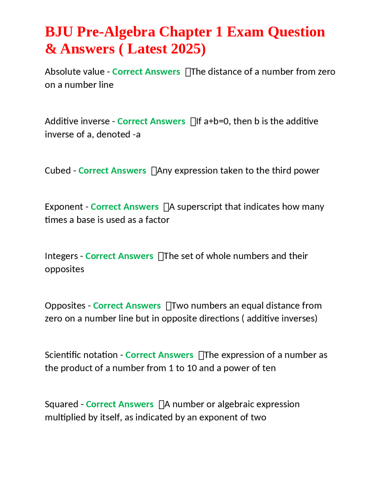 BJU Pre-Algebra Chapter 1 Exam Question & Answers ( Latest 2025 ...
