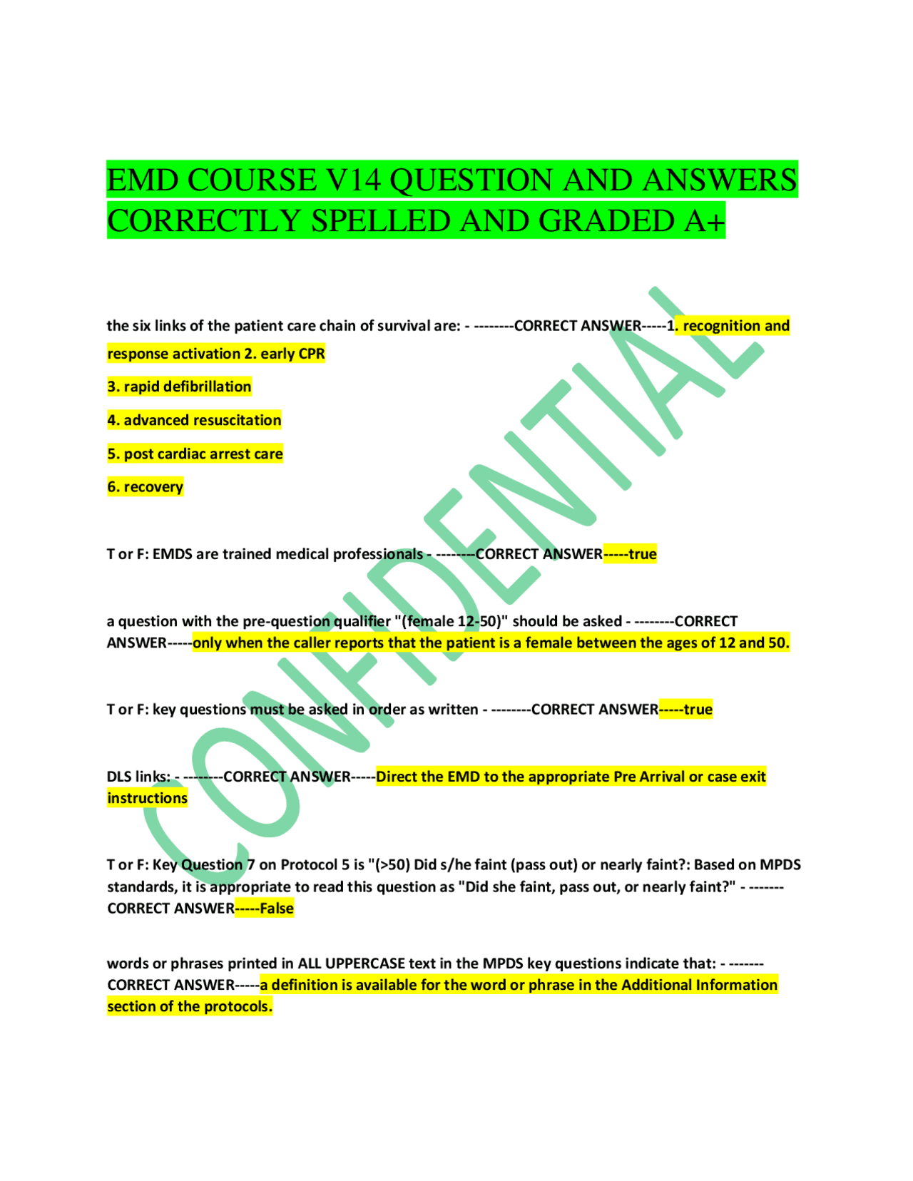 EMD Course V14: Questions and Answers | Exams Public Health | Docsity