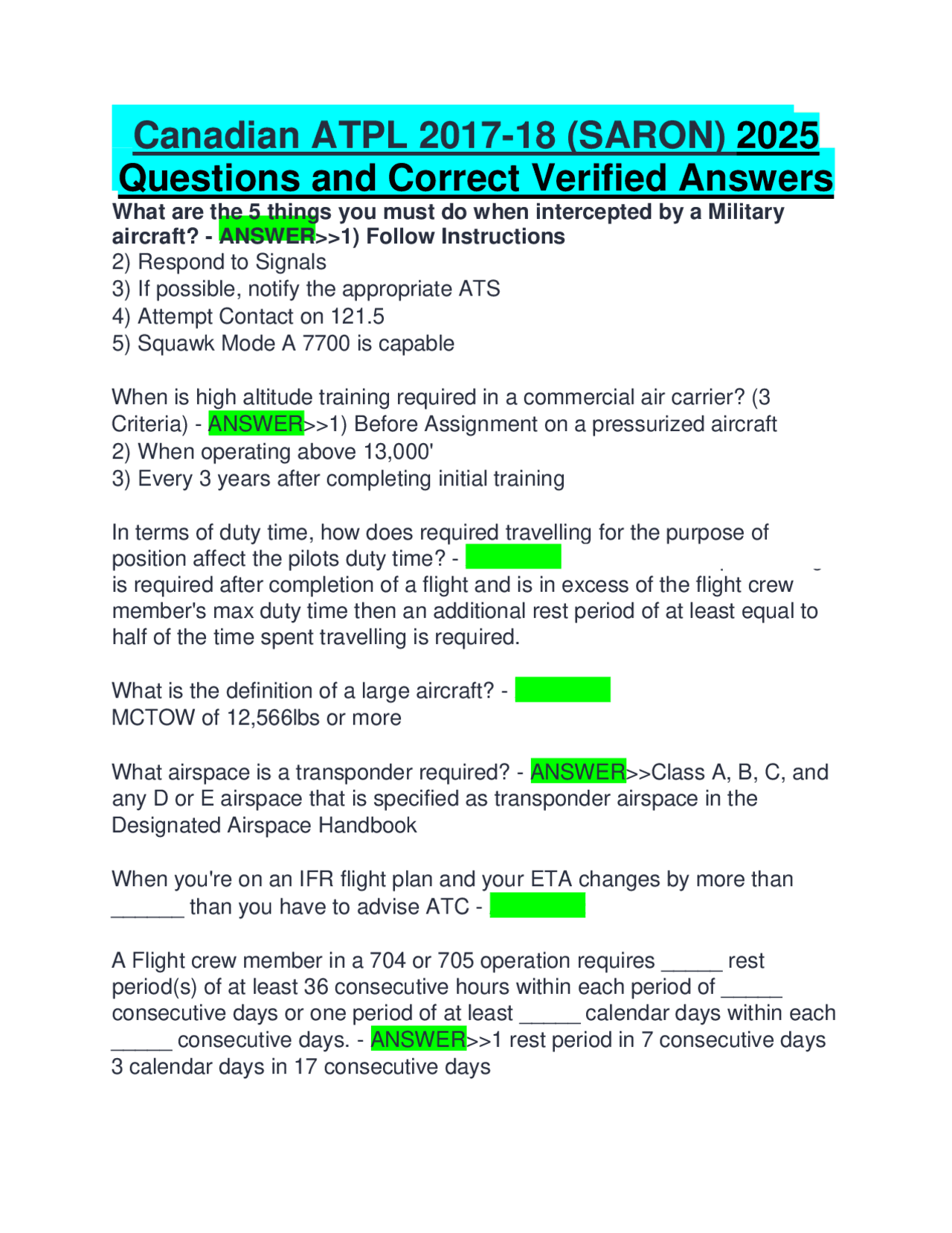 Canadian ATPL 2017-18 (SARON) 2025 Questions and Answers | Exams ...