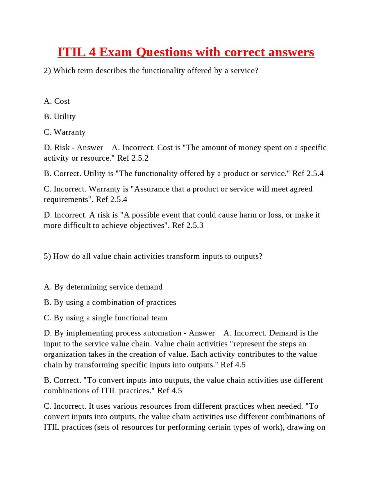 ITIL 4 Exam Questions and Answers | Exams Advanced Education | Docsity