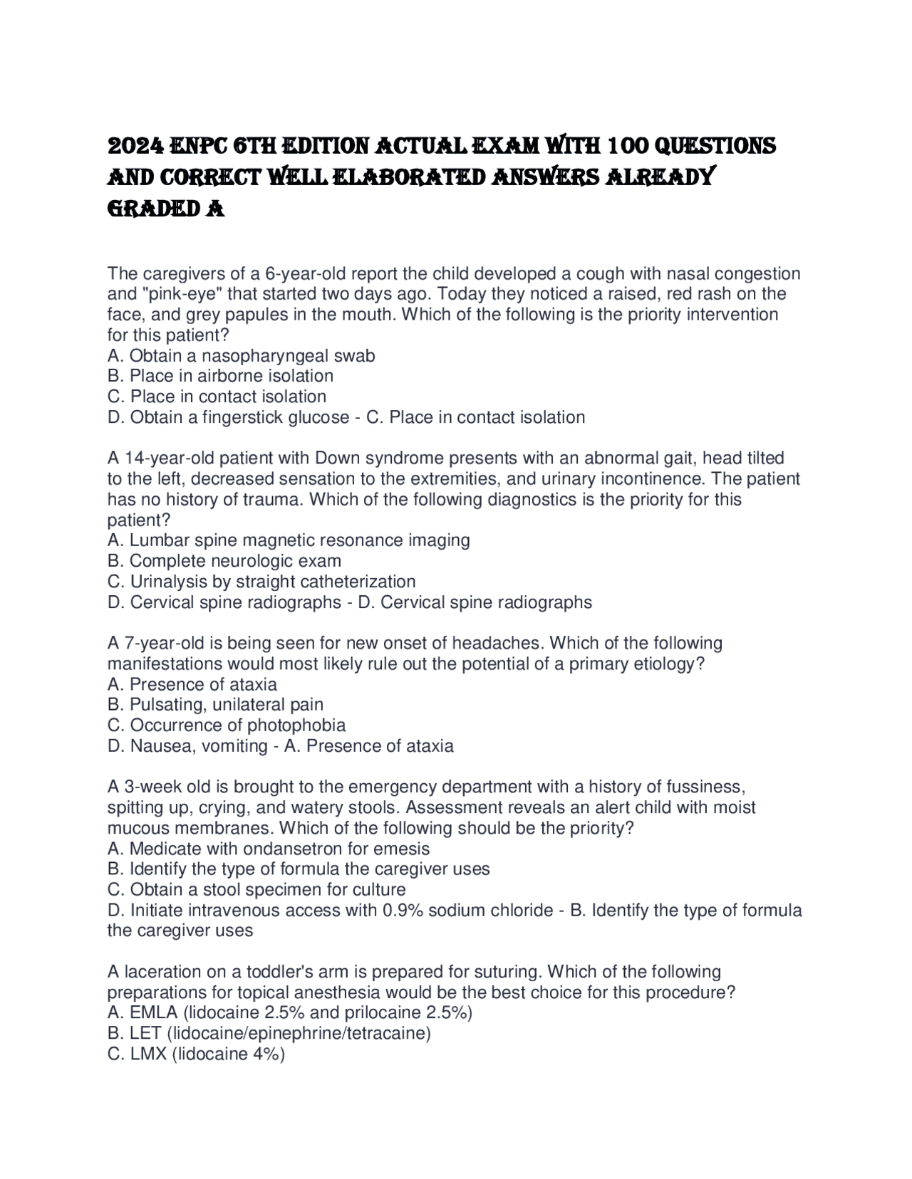 ENPC 6TH EDITION ACTUAL EXAM WITH 100 QUESTIONS AND CORRECT WELL ...