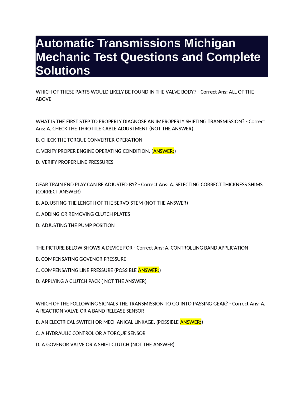 Automatic Transmissions Michigan Mechanic Test Questions and Solutions ...