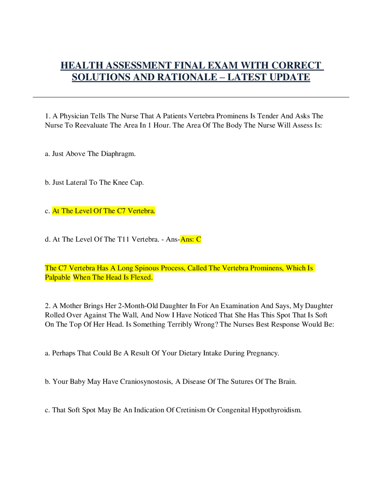 Health Assessment Final Exam: Multiple Choice Questions with Answers ...