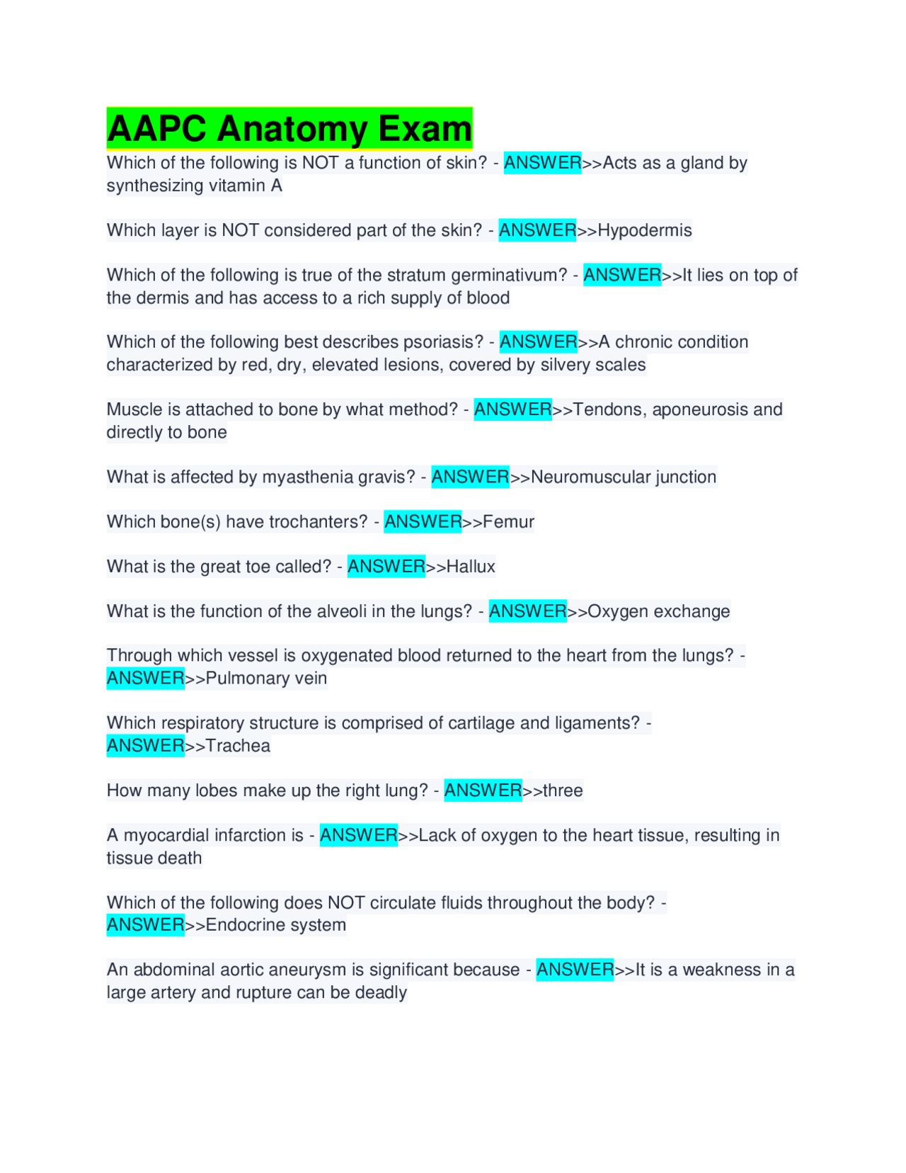 AAPC Anatomy Exam: Multiple Choice Questions and Answers | Exams ...