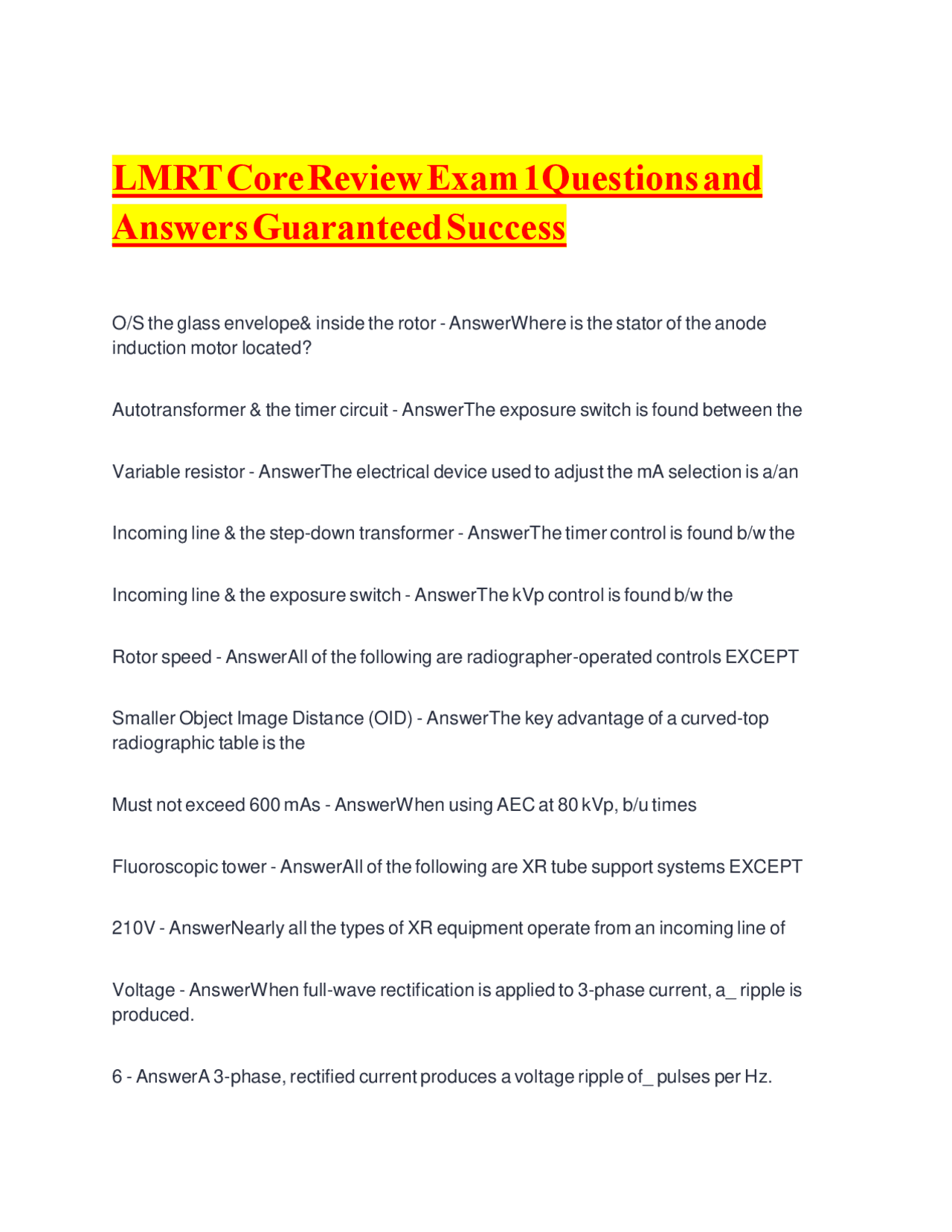 LMRT Core Review Exam 1: Questions and Answers for Guaranteed Success ...