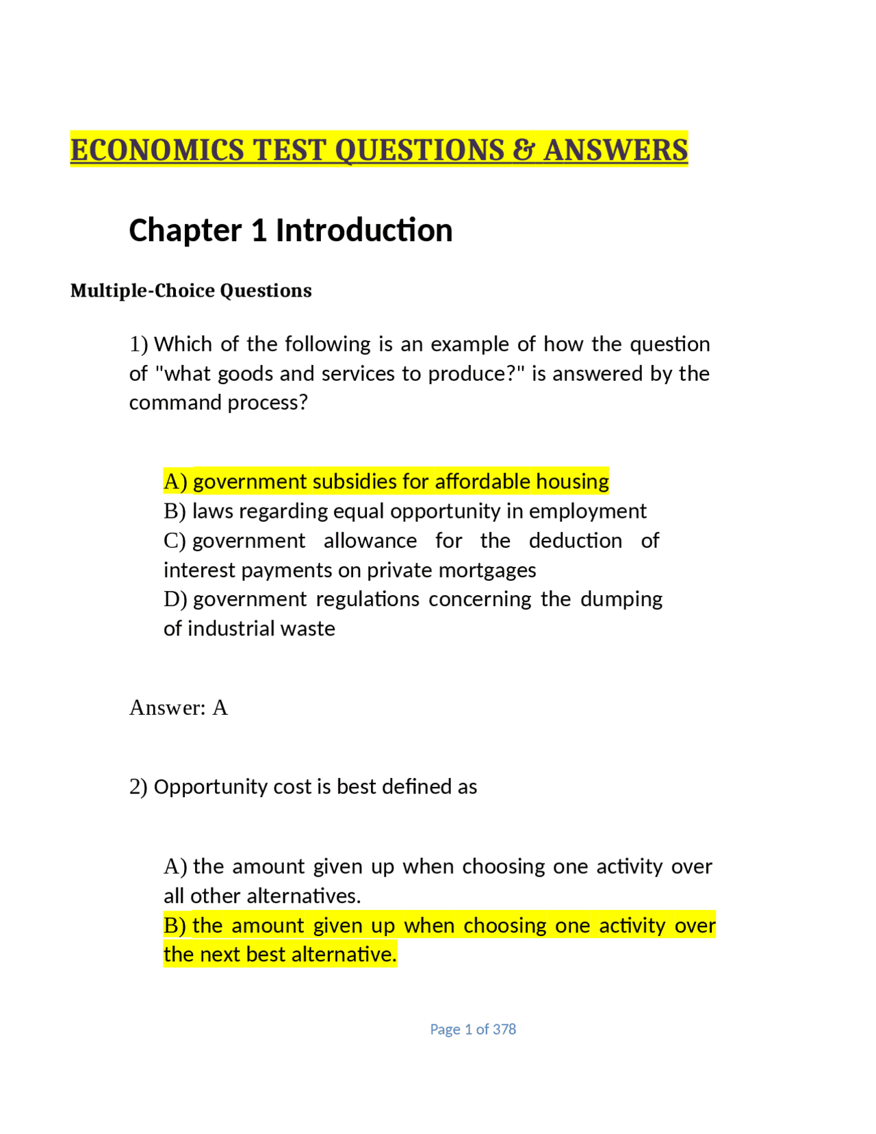 Economics Test Questions and Answers: Chapter 1 Introduction | Exams ...