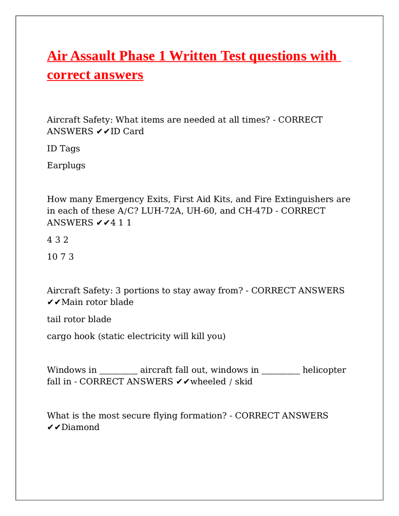 Air Assault Phase 1 Written Test Questions and Answers | Exams Power ...