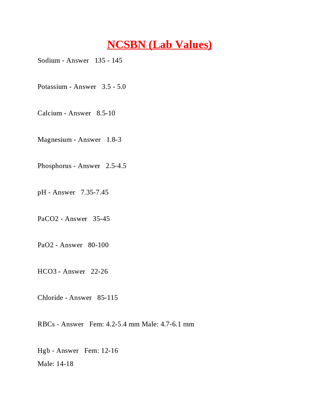 Normal Lab Values for Medical Professionals | Exams Nursing | Docsity
