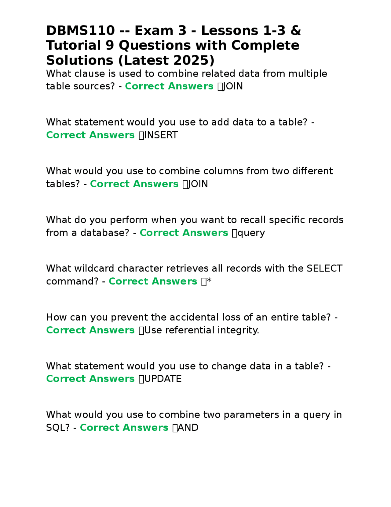 DBMS110 Exam 3: Lessons 1-3 & Tutorial 9 Questions with Complete Solutions | Exams Nursing | Docsity