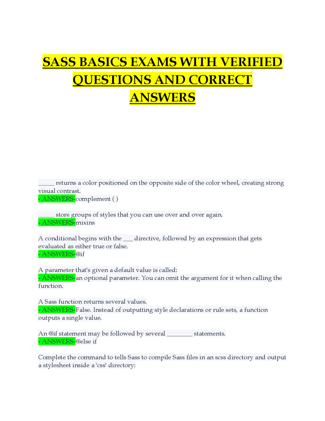 SASS BASICS EXAMS WITH VERIFIED QUESTIONS AND CORRECT ANSWERS | Exams ...
