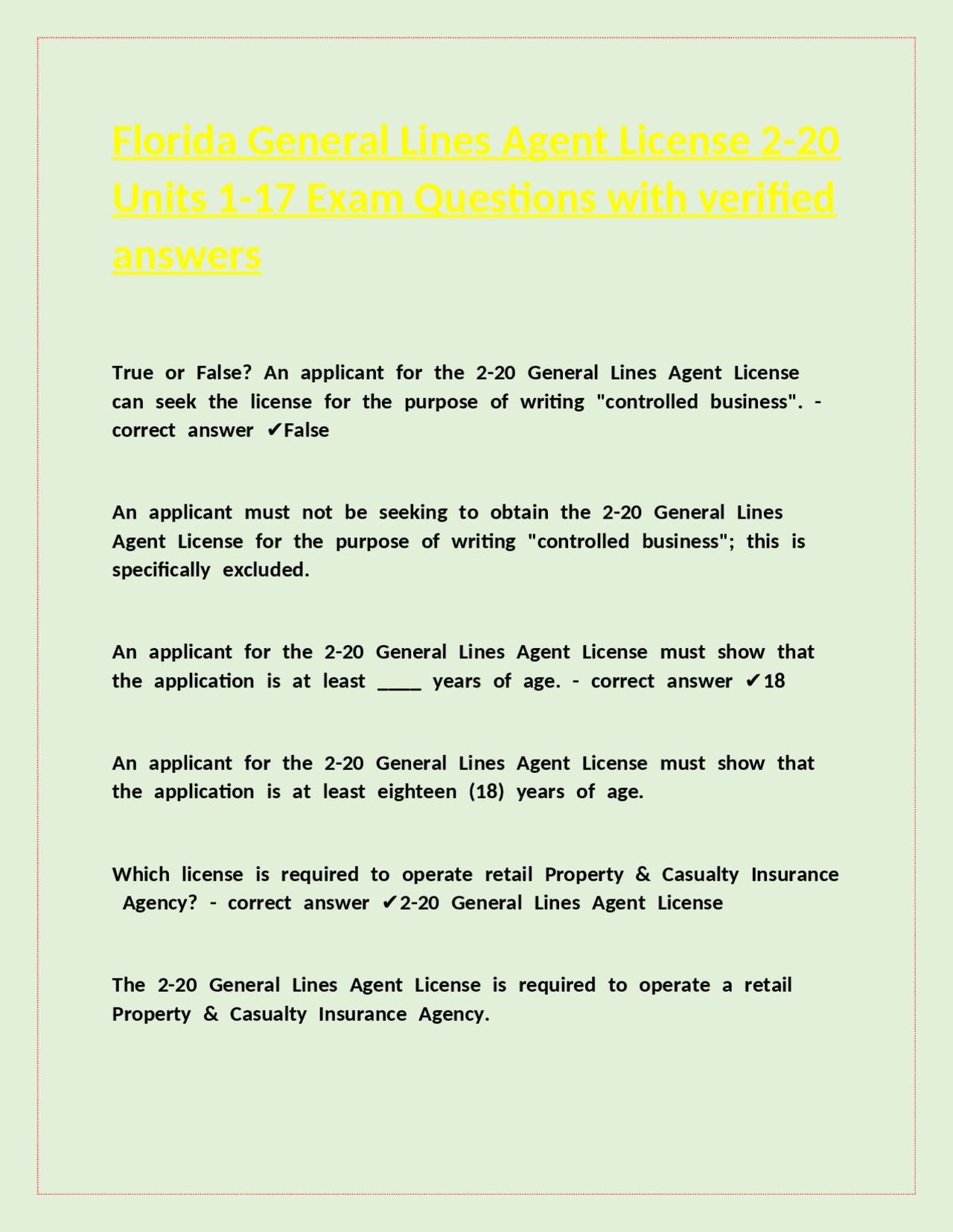 Florida General Lines Agent License 2-20 Units 1-17 Exam Questions with ...