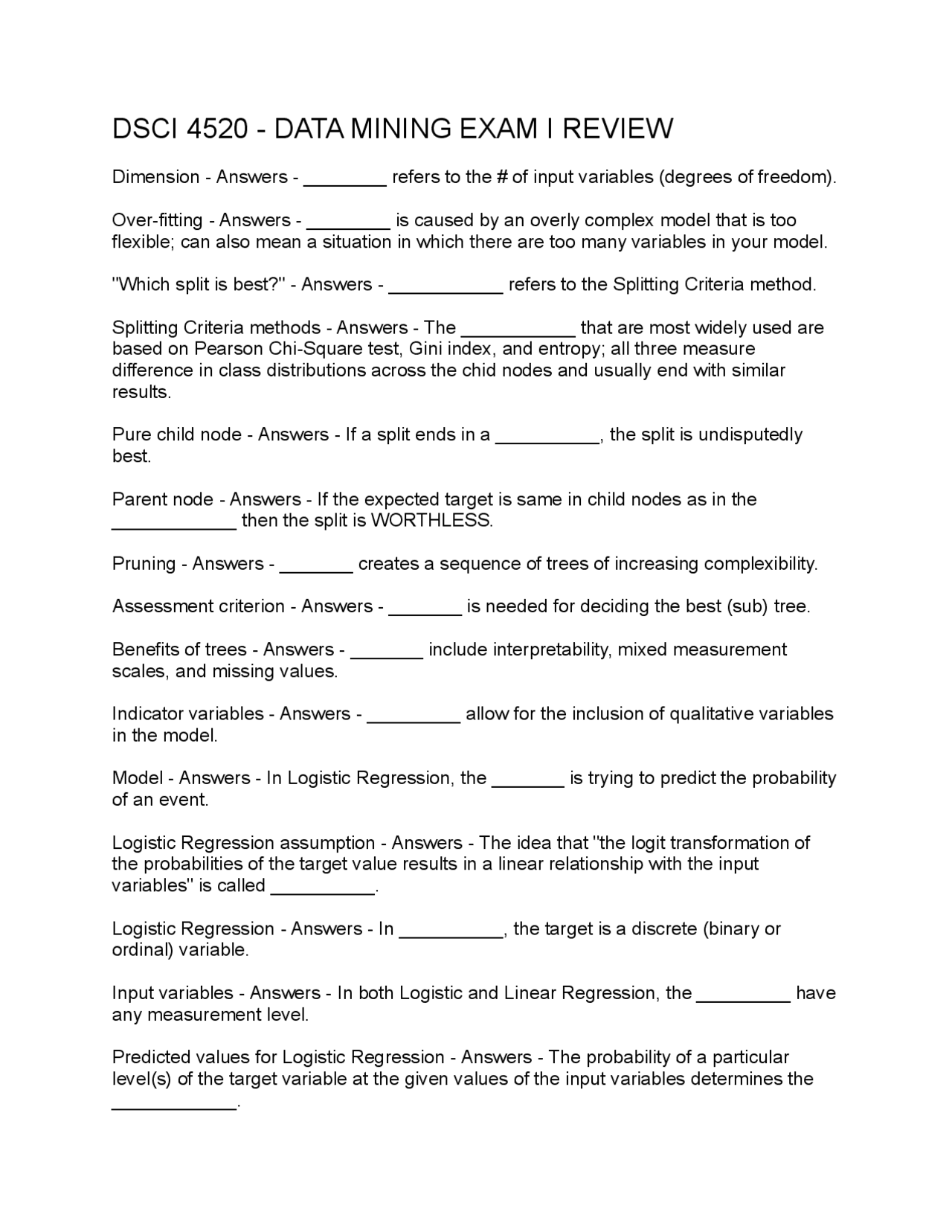 DSCI 4520 - DATA MINING EXAM I REVIEW | Exams Social Sciences | Docsity