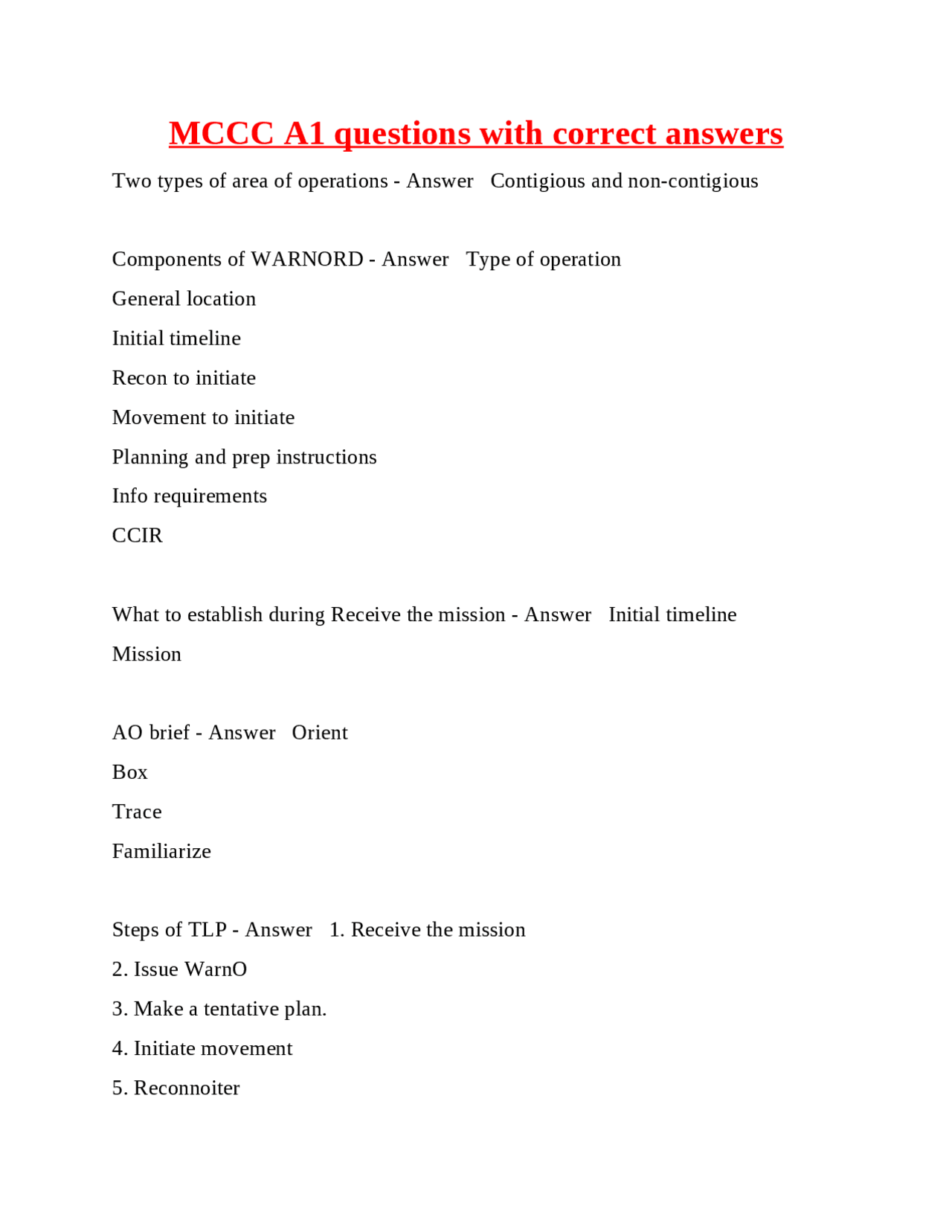 Military Operations: Questions and Answers for MCCC A1 | Exams Advanced Education | Docsity