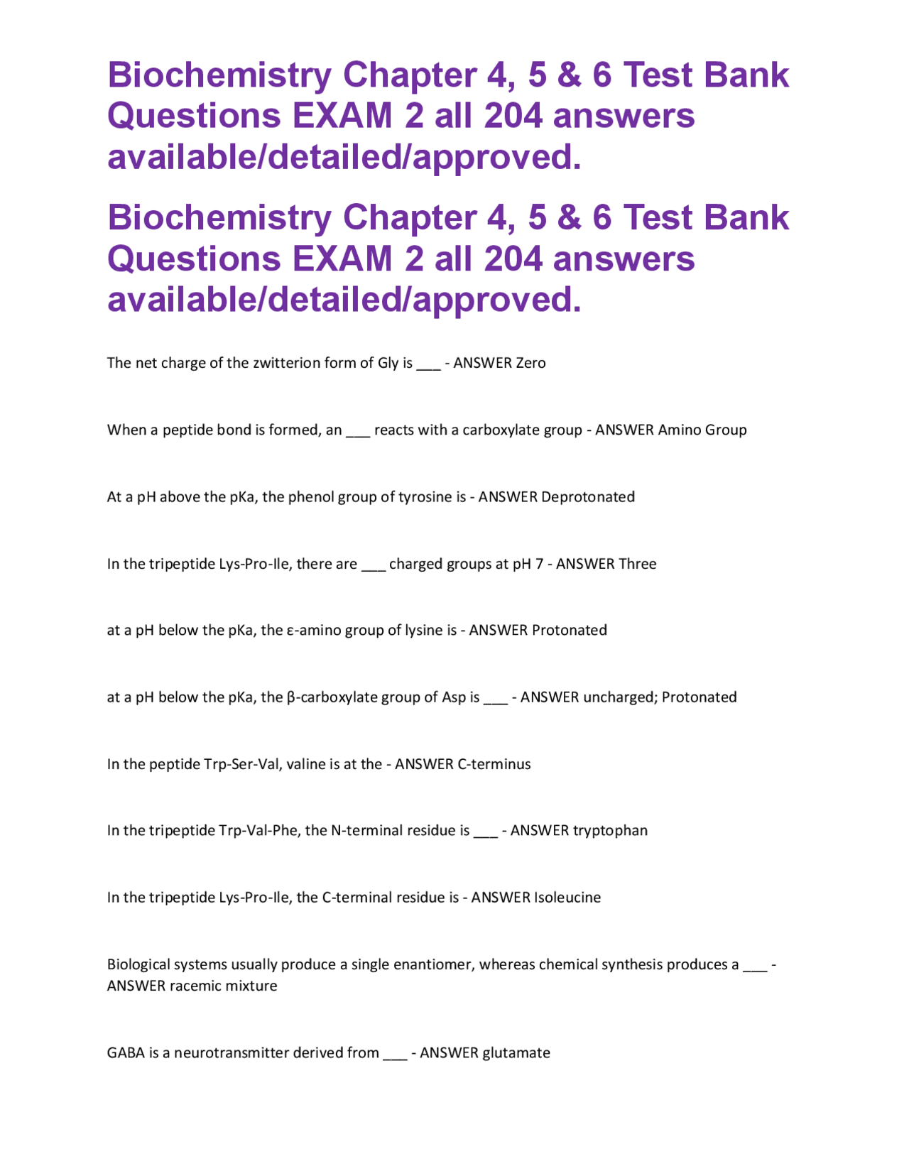 Biochemistry Chapters 4, 5 & 6 Test Bank: Exam 2 Questions and Answers ...