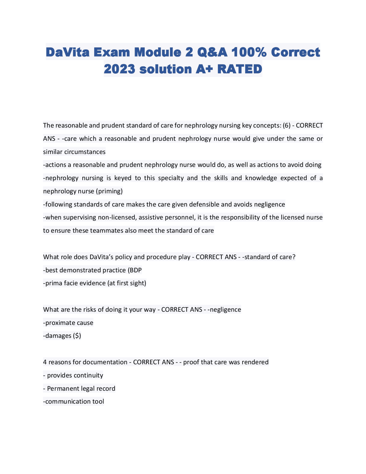 DaVita Exam Module 2 Q&A 100% Correct 2023 solution A+ RATED.pdf ...