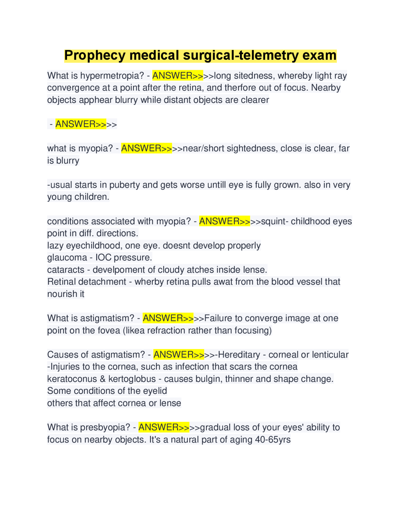 Prophecy Medical Surgical-Telemetry Exam: Ophthalmology Questions and Answers | Exams Nursing ...