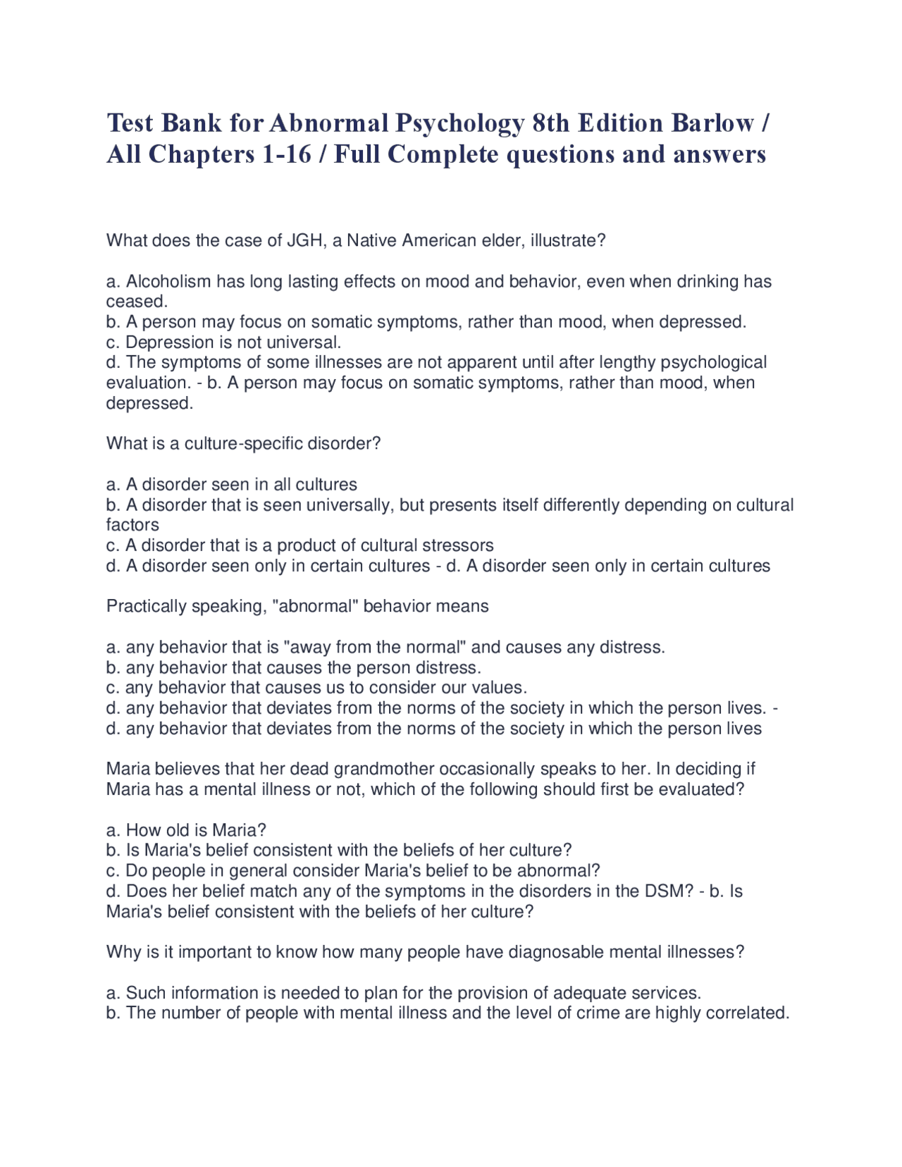 Abnormal Psychology Test Bank: Multiple Choice Questions and Answers ...