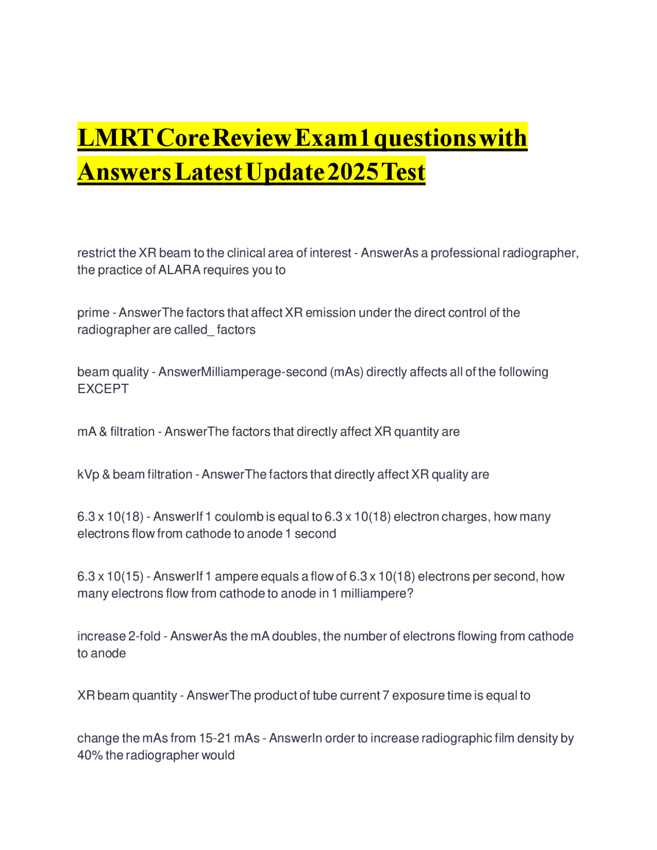 LMRT Core Review Exam1 questions with Answers Latest Update 2025 Test ...