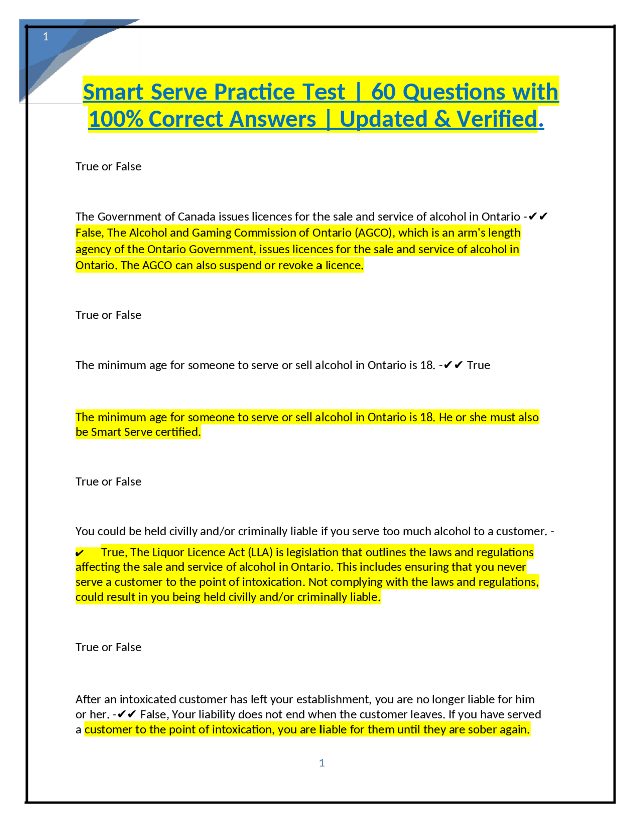 Smart Serve Practice Test 60 Questions with 100% Correct Answers ...