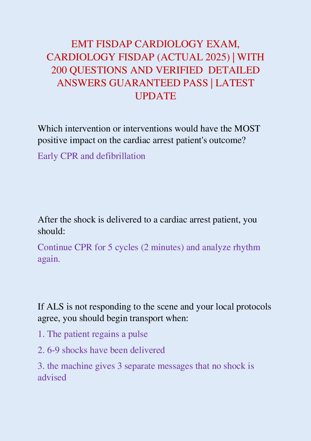 EMT FISDAP CARDIOLOGY EXAM, CARDIOLOGY FISDAP (ACTUAL 2025) | WITH 200 QUESTIONS AND VER | Exams ...