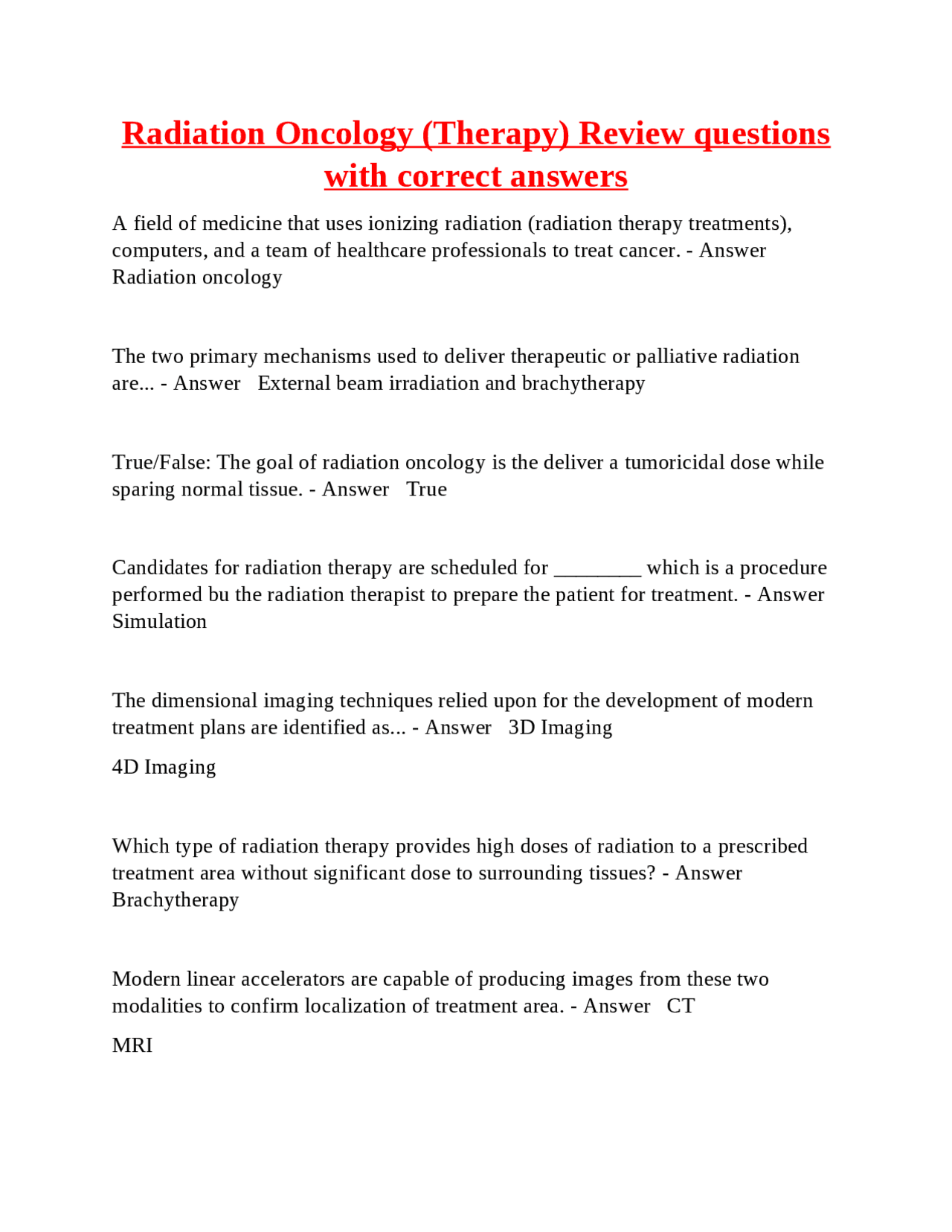 Radiation Oncology (Therapy) Review questions with correct answers ...