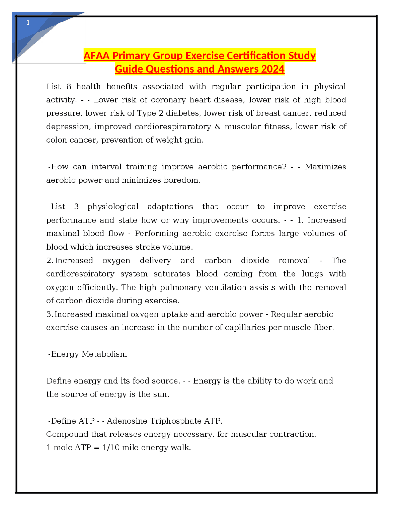 AFAA Primary Group Exercise Certification Study Guide Questions and ...