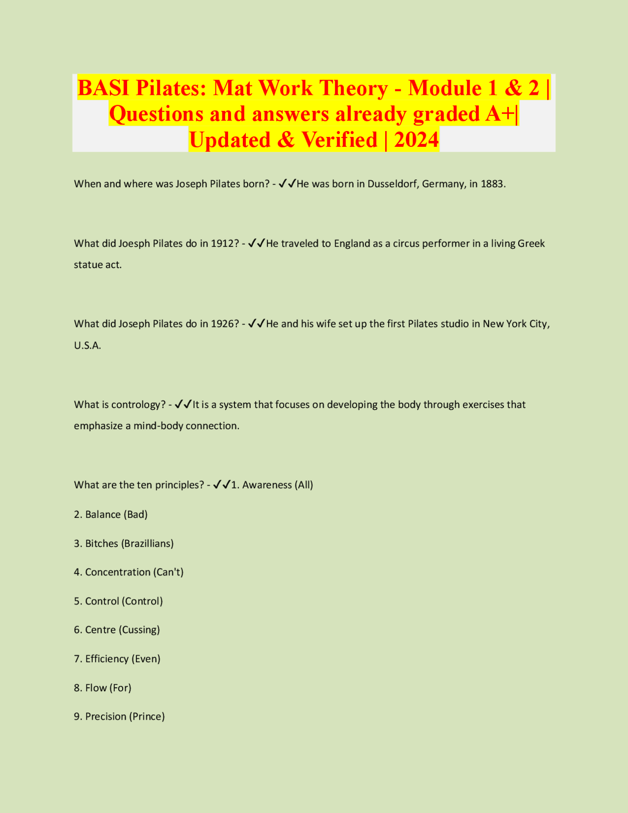 BASI Pilates: Mat Work Theory - Module 1 & 2 | Questions and answers ...