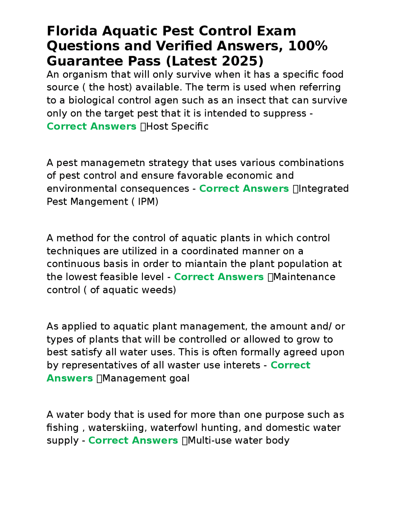 Florida Aquatic Pest Control Exam: Questions and Answers | Exams ...