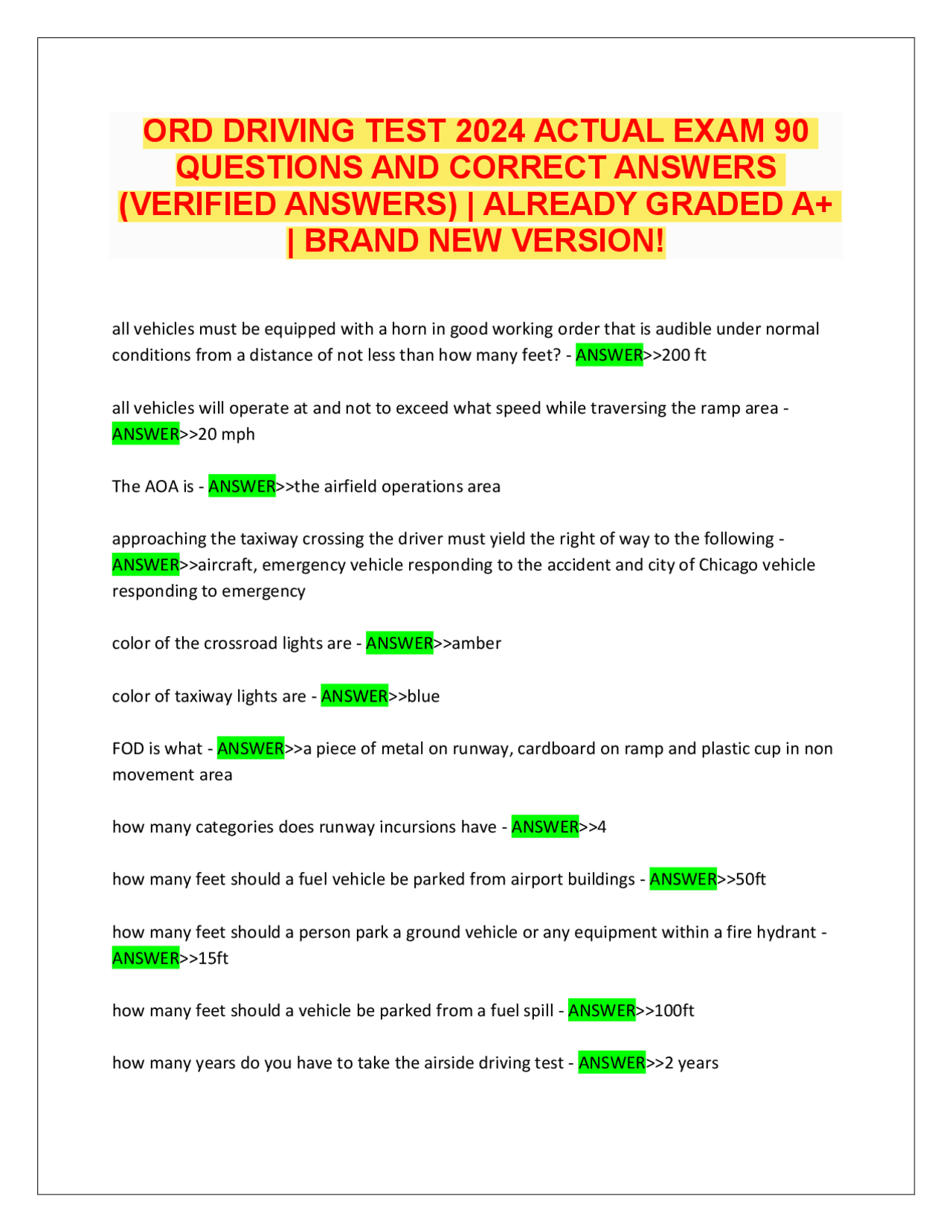 ORD DRIVING TEST 2025 ACTUAL EXAM 90 QUESTIONS AND CORRECT ANSWERS ...