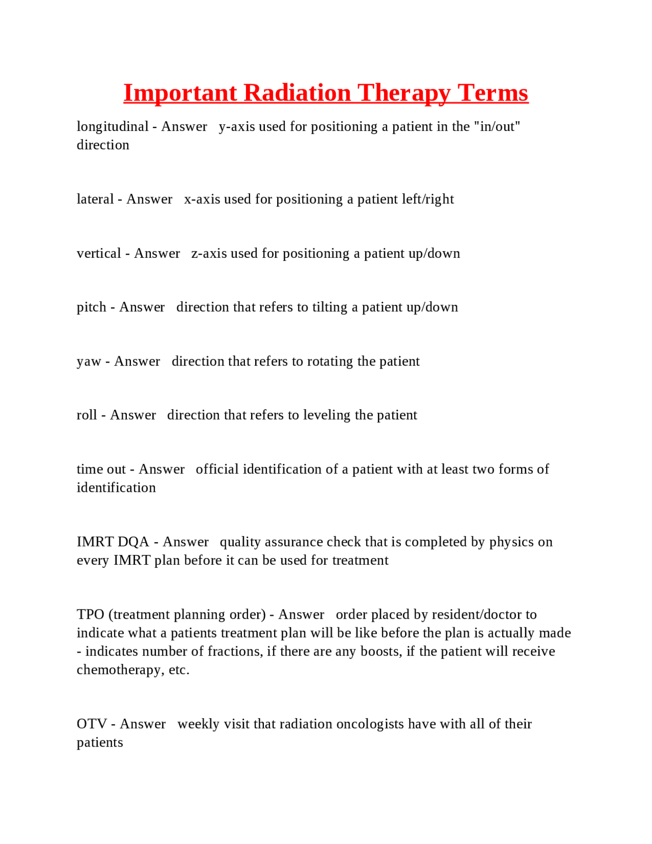 Glossary of Important Radiation Therapy Terms | Exams Radiotherapy | Docsity